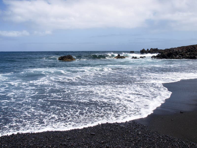 Typical Black Sand Beach of Volcanic Origin Stock Image - Image of rock ...