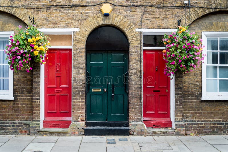 Typical British Doors with Doorbell in London. Two Colorfull Doors ...