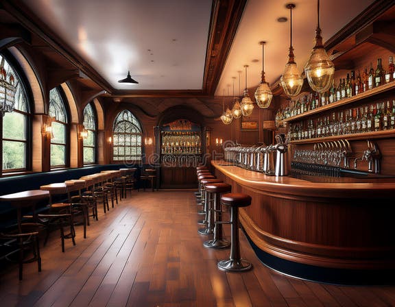 A Typical British Pub with Wooden Bar and Rows of Beer Taps but Empty ...