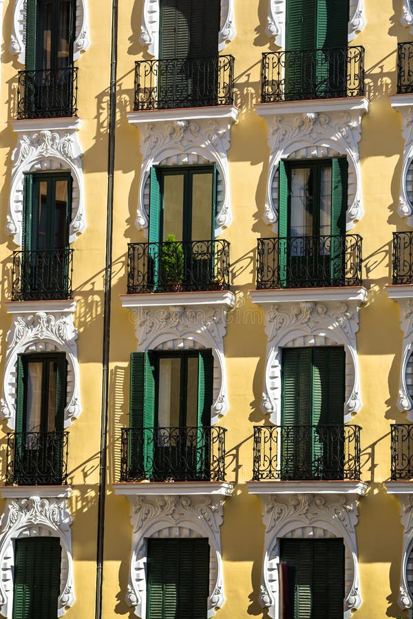 Typical Building Facade on a Spring Day in Madrid, Spain Stock Image ...