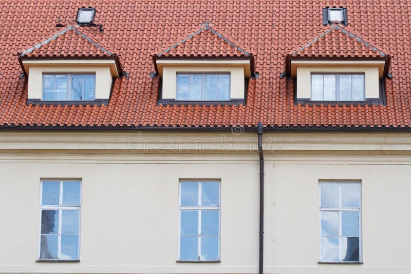 Typical Building in Prague with a Red Roof Close Up Stock Image - Image ...