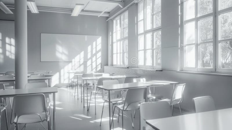 A Typical Classroom Scene with Tables, Chairs, and a Projector Screen ...