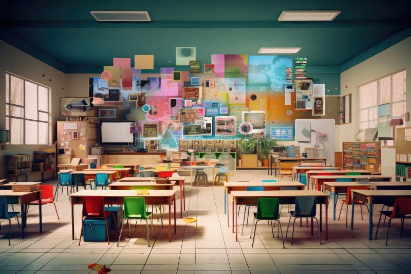 A Typical Classroom Setup with Tables and Chairs, Decorated with ...