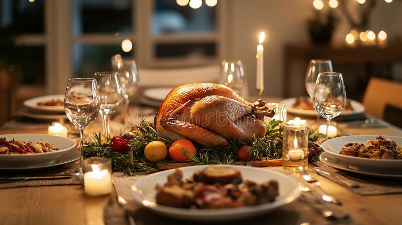 Typical Dinner with Turkey Presented on Table. Mockup, Backdrop for ...