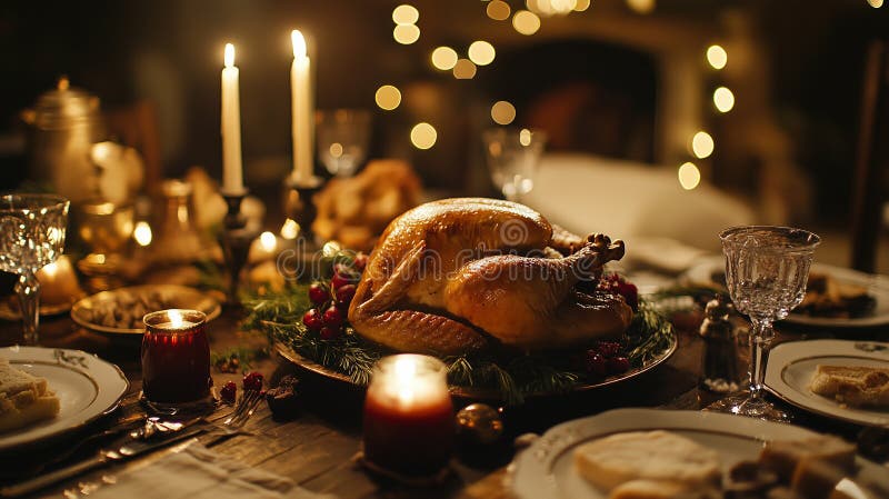 Typical Dinner with Turkey Presented on Table. Mockup, Backdrop for ...