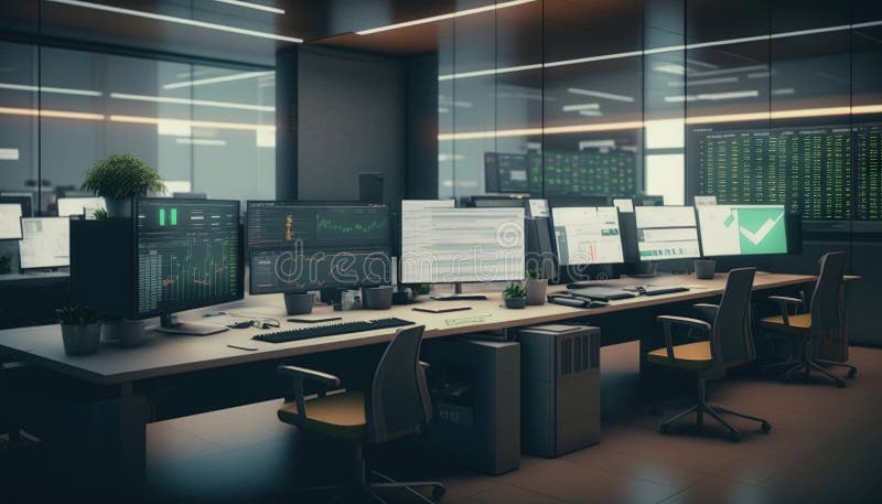 Typical Financial Office, with Rows of Desks and Computer Screens ...