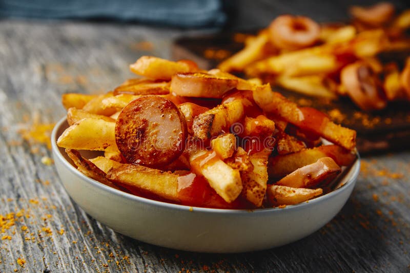 Typical German Dish Currywurst and Chips Stock Photo - Image of junk ...