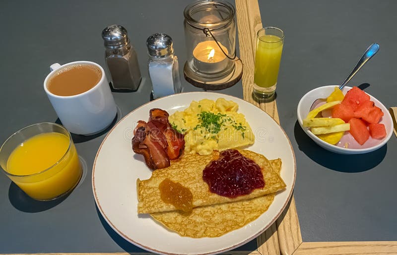 Typical Hotel Breakfast Featuring Eggs and Pancakes Stock Photo - Image ...