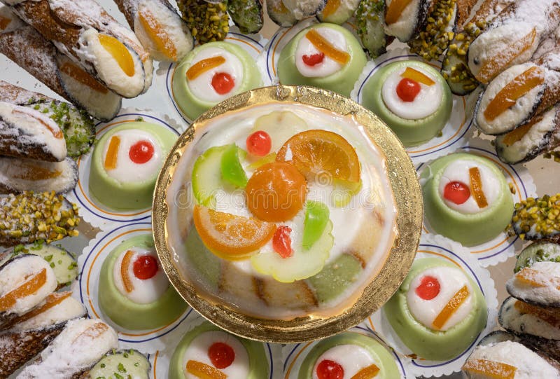 Typical Italian Sicilian Sweets, Cannoli and Glazed Sweets with Fruit ...