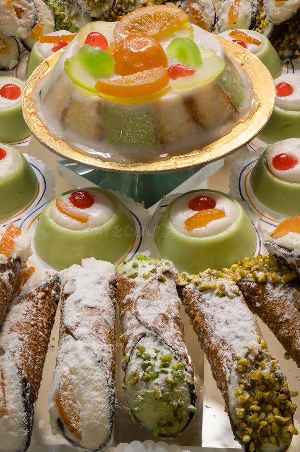 Typical Italian Sicilian Sweets, Cannoli and Glazed Sweets with Fruit ...