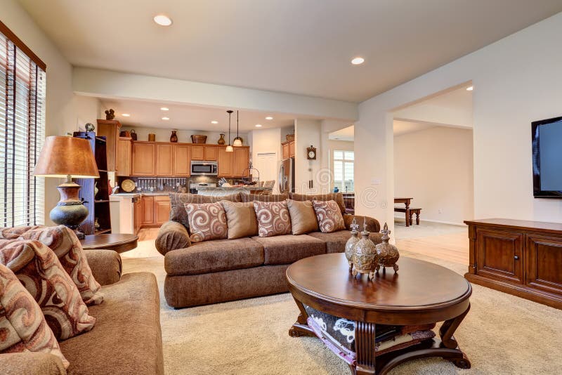Typical Living Room in American Home with Carpet, and Velvet Sof Stock ...
