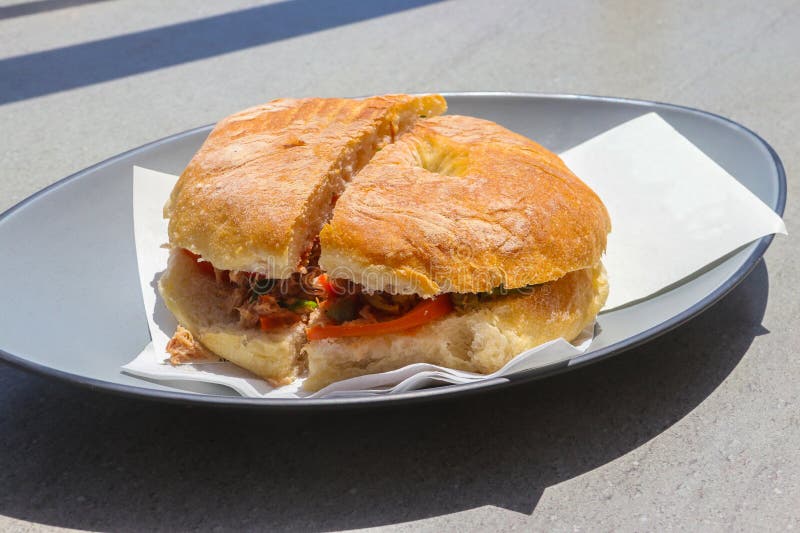 Typical Maltese Bread Ftira with Tasty Filling on Table Stock Image ...