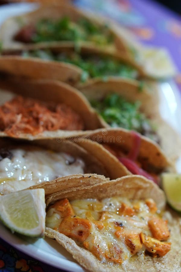 Typical Mexican Food. Tray with Assorted Tacos Garnished with Lime and ...