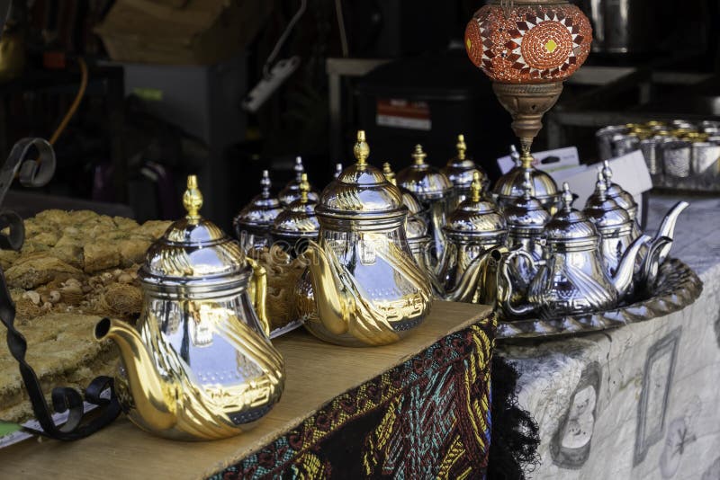 Typical Moroccan teapots stock image. Image of leaf - 252249407