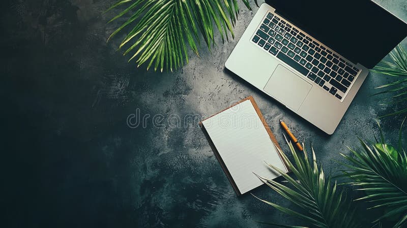 Typical Office Desk with Blank Notebook, Computer, Pen, and Clock on ...