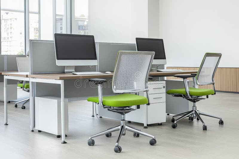 Typical Office Interior with Desks, Chairs, and Computers Near Windows ...