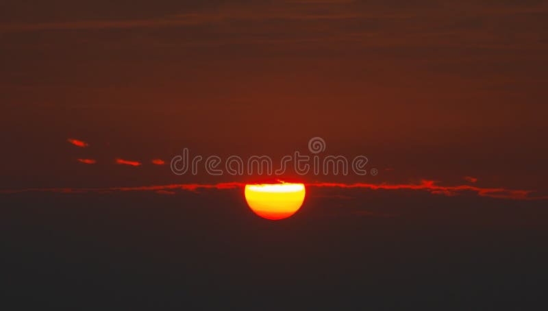 Typical Panorama Sunset or Sunrise Lanscape. a Big Orange Round Setting ...