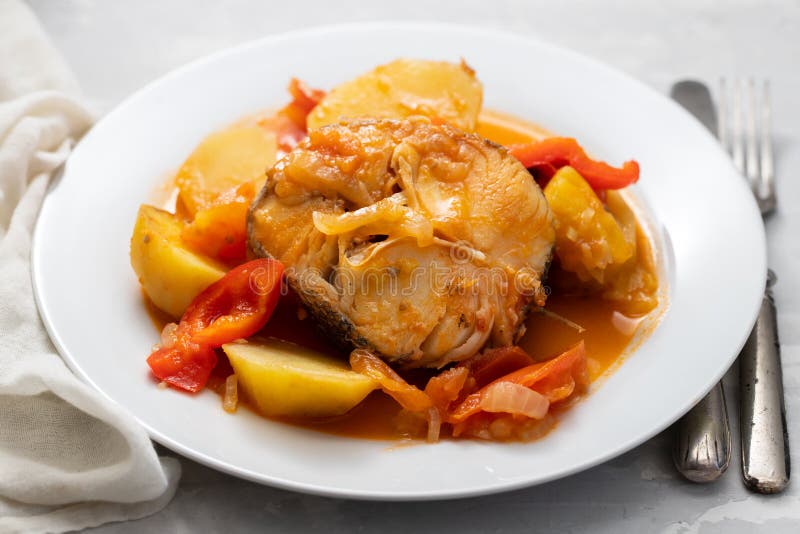 Typical Portuguese Fish Stew on White Plate Stock Image - Image of ...