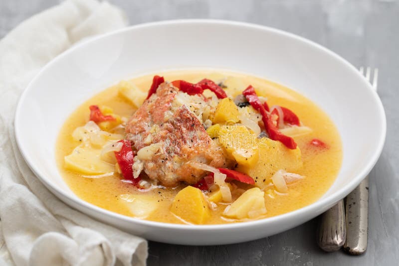 Typical Portuguese Fish Stew on White Plate on Ceramic Stock Image ...