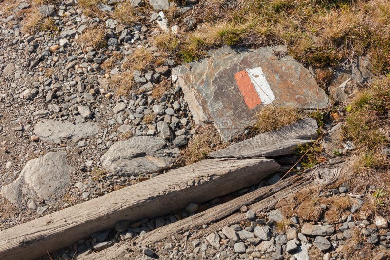 A Typical Red and White Path Sign Long in the Dolomites Area Stock ...
