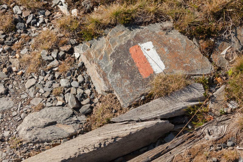 A Typical Red and White Path Sign Long in the Dolomites Area Stock ...
