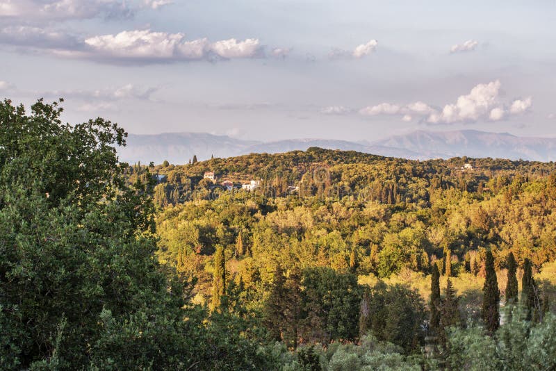 Sunset Rural Landscape in Central Island of Corfu, Greece Stock Image ...