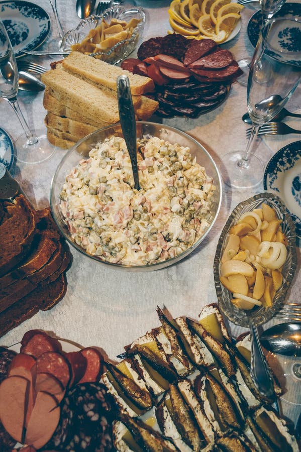 Typical Russian Celebration Table Setting with Traditional Olivier ...
