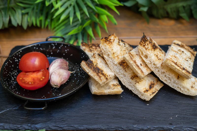 Typical Serving of Bread with Tomato and Garlic Mayonnaise Stock Photo ...