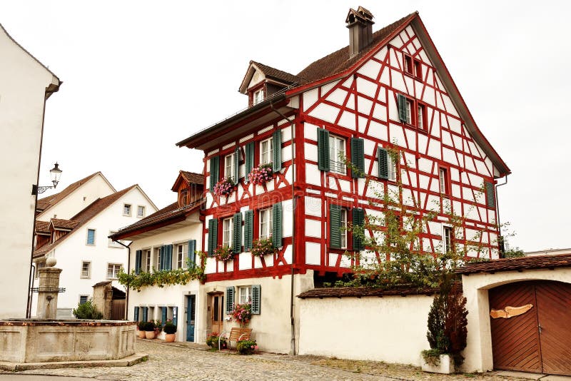 Typical Swiss Timber Frame House in Bremgarten, Switzerland Stock Photo ...