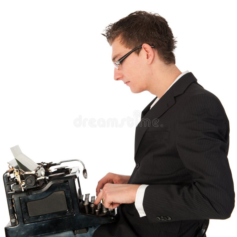 Man Typing on Old Typewriter Stock Image - Image of business, colleague ...