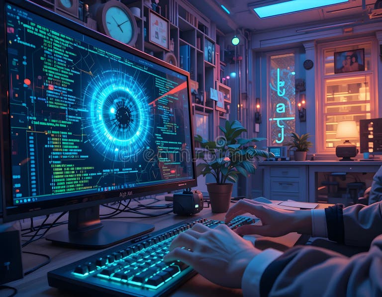 Typing Code on Computer with Digital Display and Office Background Stock Image - Image of ...