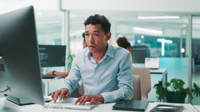 Typing Coding And Man On Computer For Research Project And Cybersecurity Update In Office