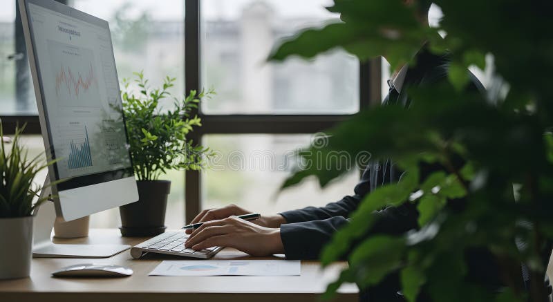 Typing on Computer Analyzing Data at Desk in Office with Plants Stock ...