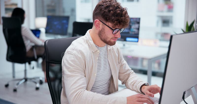 Typing, Computer and Business Man at Desk for Online Report, Multimedia ...