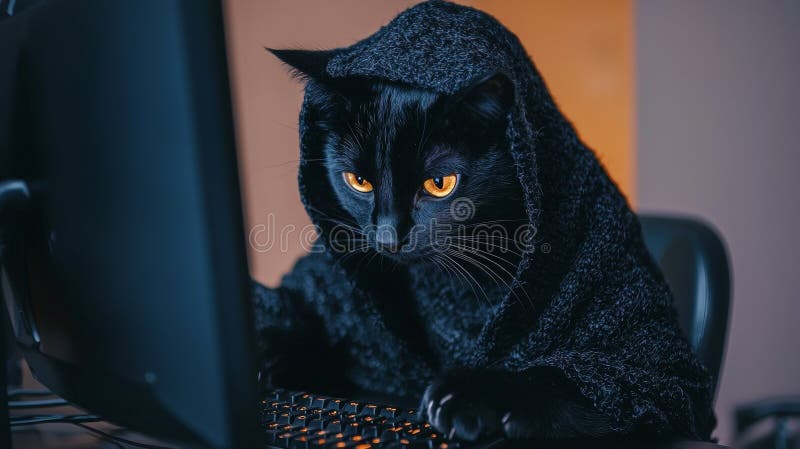 Typing on a Computer Keyboard is a Black Cat Wearing a Hood Stock Photo ...