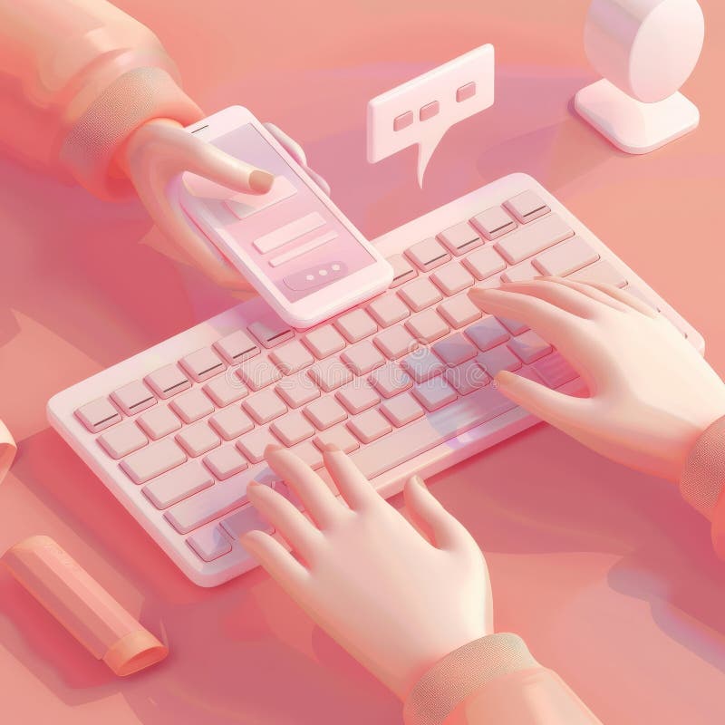 Typing on a Computer Keyboard while Holding a Cell Phone Stock Photo ...