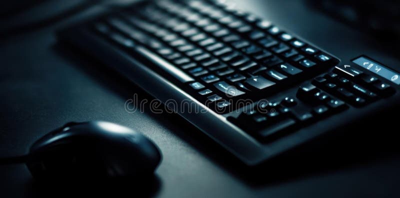 Typing into Computer with Keyboard and Mouse on a Dark Desk with ...
