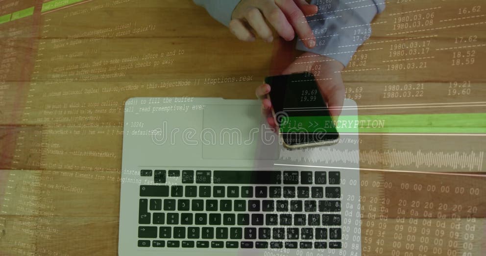 Typing Developer Hands Entering Code at Home Workstation, with Laptop Smartphone Encryption ...