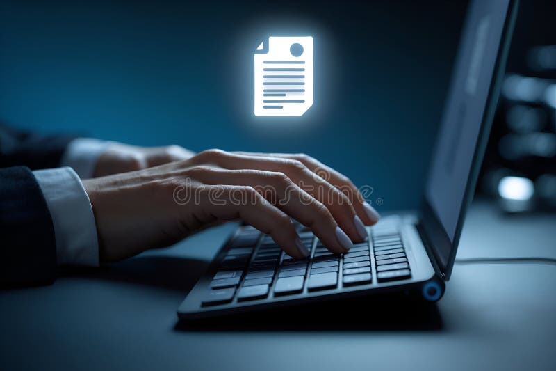 Typing Document on Laptop Computer Representing Digital File Management ...