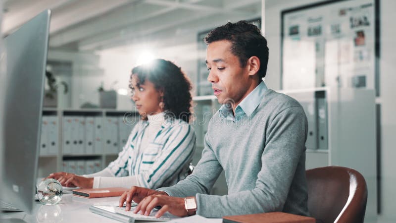 Typing, Documents and Business People on Computer for Online Project ...