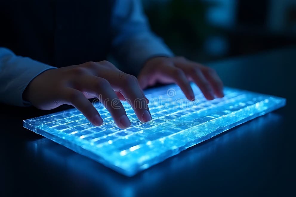 Typing on a Glowing Keyboard Modern Workspace Digital Interaction ...