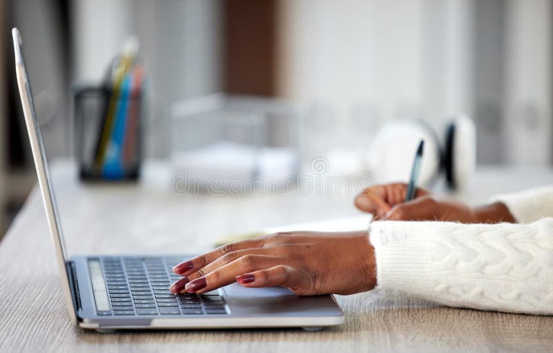 Typing, Hand and Research on Laptop, Writing and Notebook for Online or ...