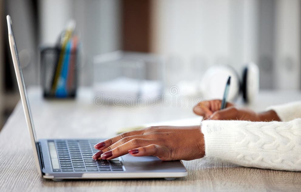 Typing, Hand and Research on Laptop, Writing and Notebook for Online or ...