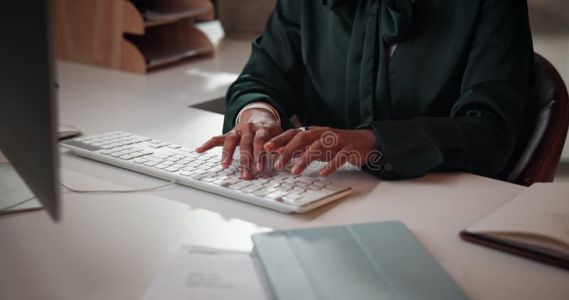 Typing, Hands and Computer with Business Woman in Office for Planning ...