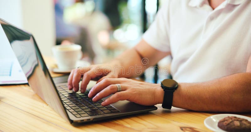 Typing, Hands and Freelancer with Man in Cafe for Journalist, Remote ...