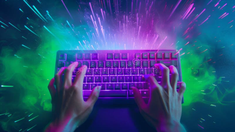 Typing Hands and Glowing Keyboard in an Explosive Neon Environment ...