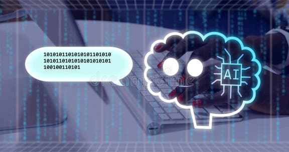 Typing Hands Pressing White Keyboard at Office Desk, with Binary Code ...