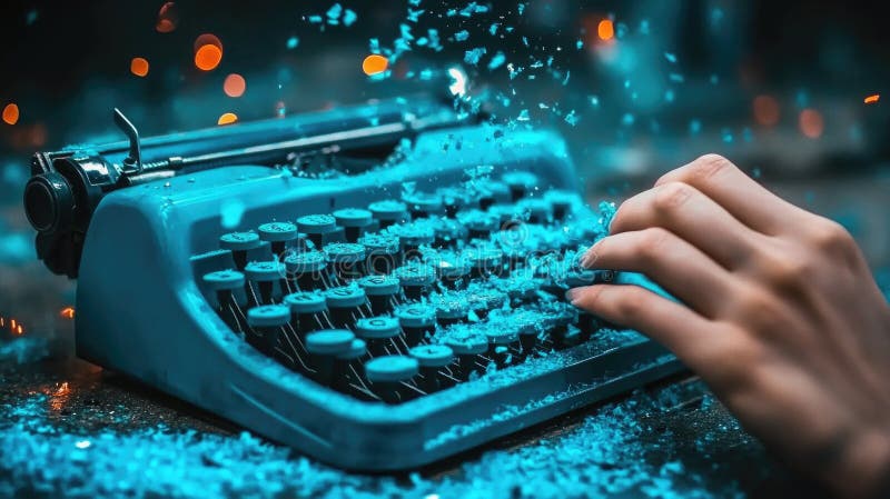 Typing Journey: Enchanting Blue Typewriter with Flying Paper Fragments ...