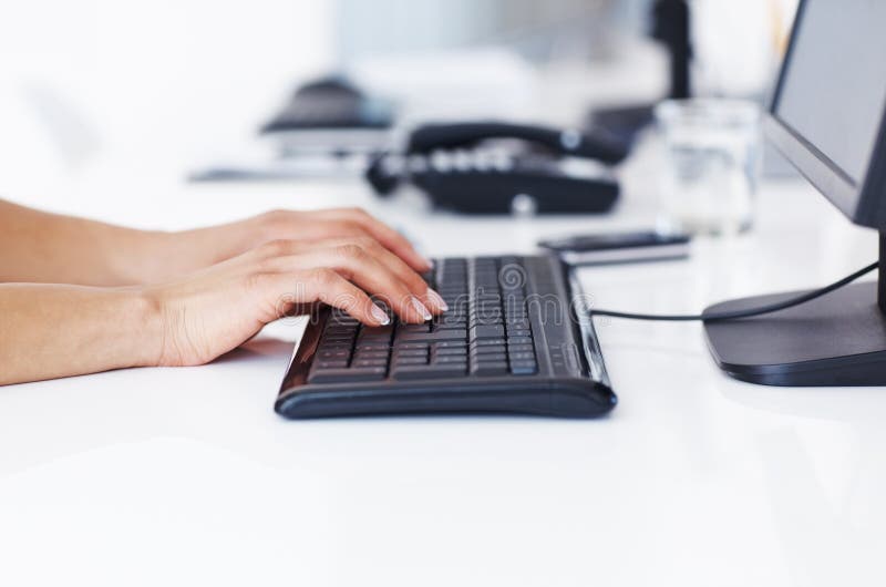 Typing on Keyboard. Closeup of Business Womans Hand Typing on Computer ...