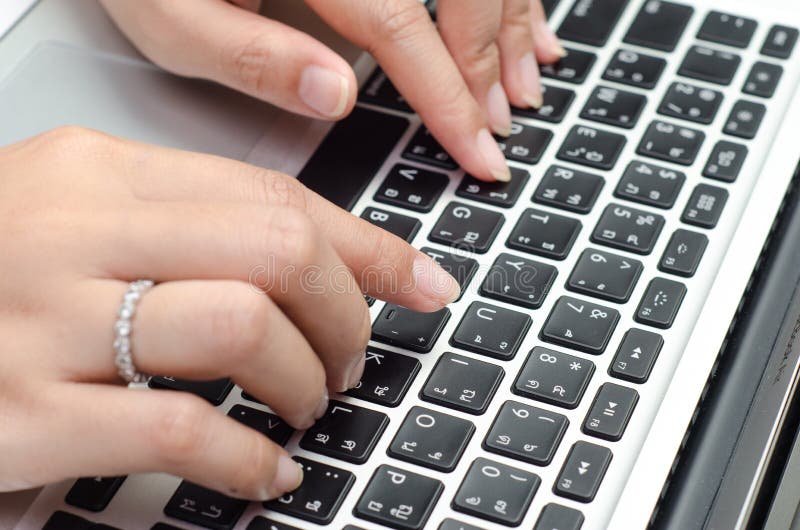 Typing on Keyboard. Female Finger Stock Photo - Image of desktop ...